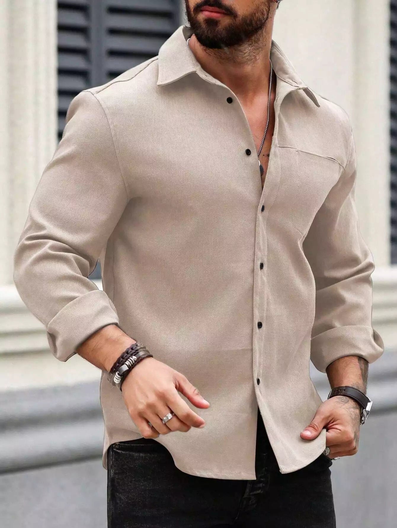 Men Spring And Summer Solid Color Loose Casual Long-Sleeved Shirt Apri ...